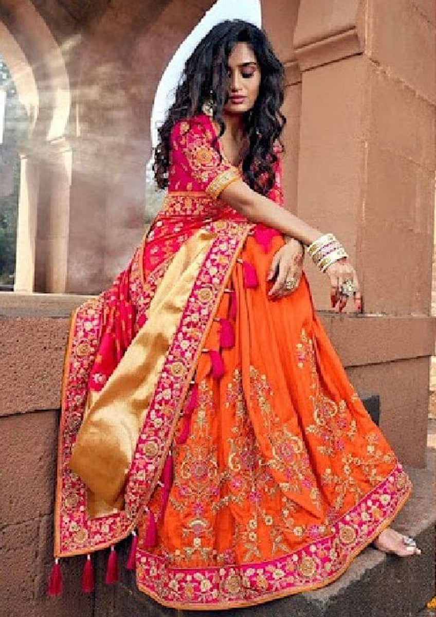 Traditional Benarasi Silk Orange Sari with Patola Palu & Border ...